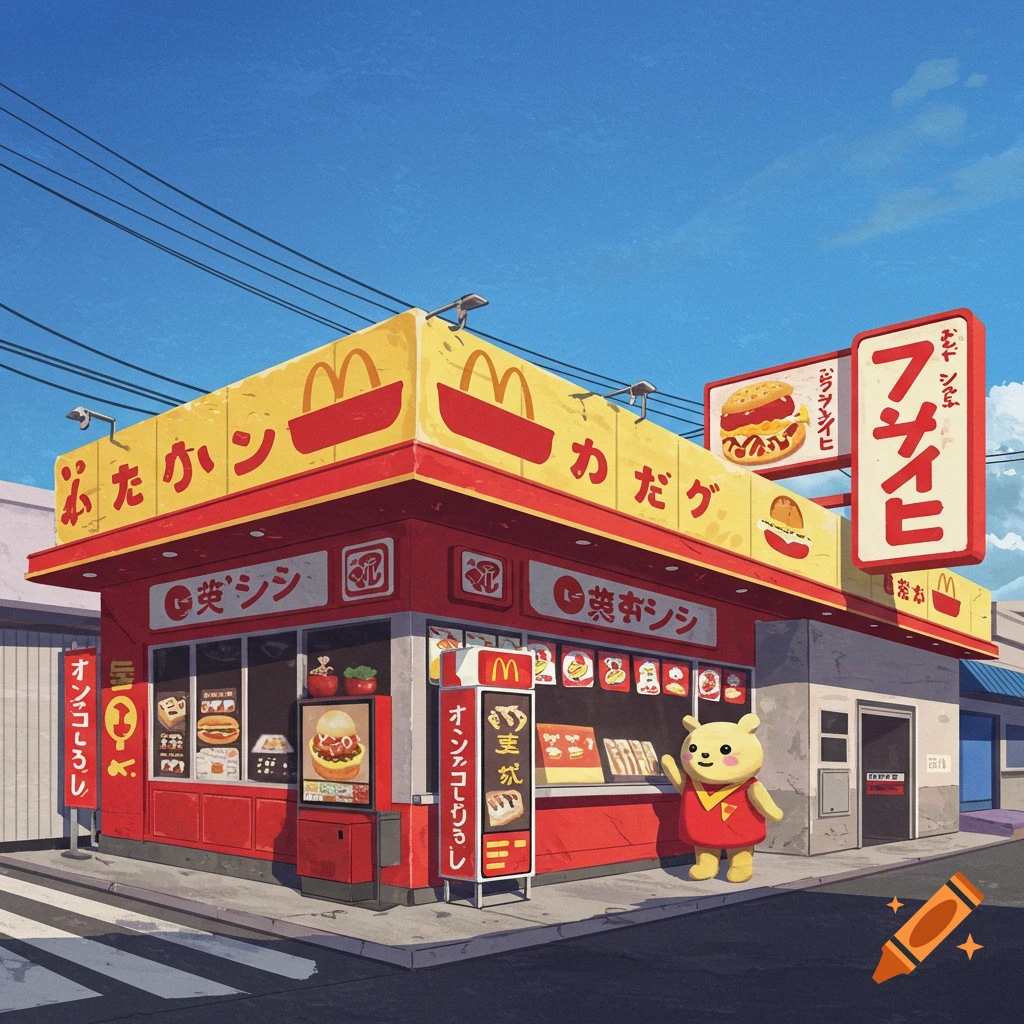 Japanese fast food restaurant with drive-thru and cute mascot on Craiyon