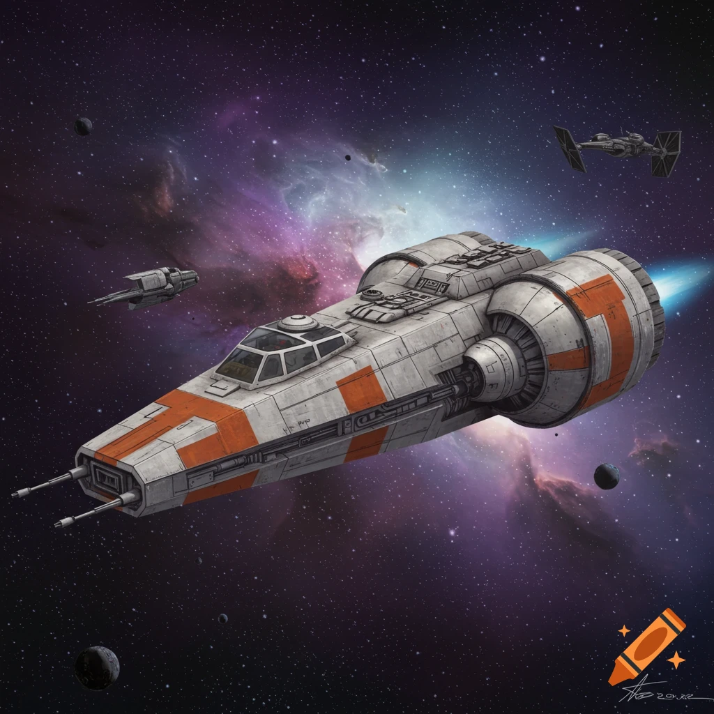 Hearthrunner smuggling starship in deep space nebula backdrop on Craiyon