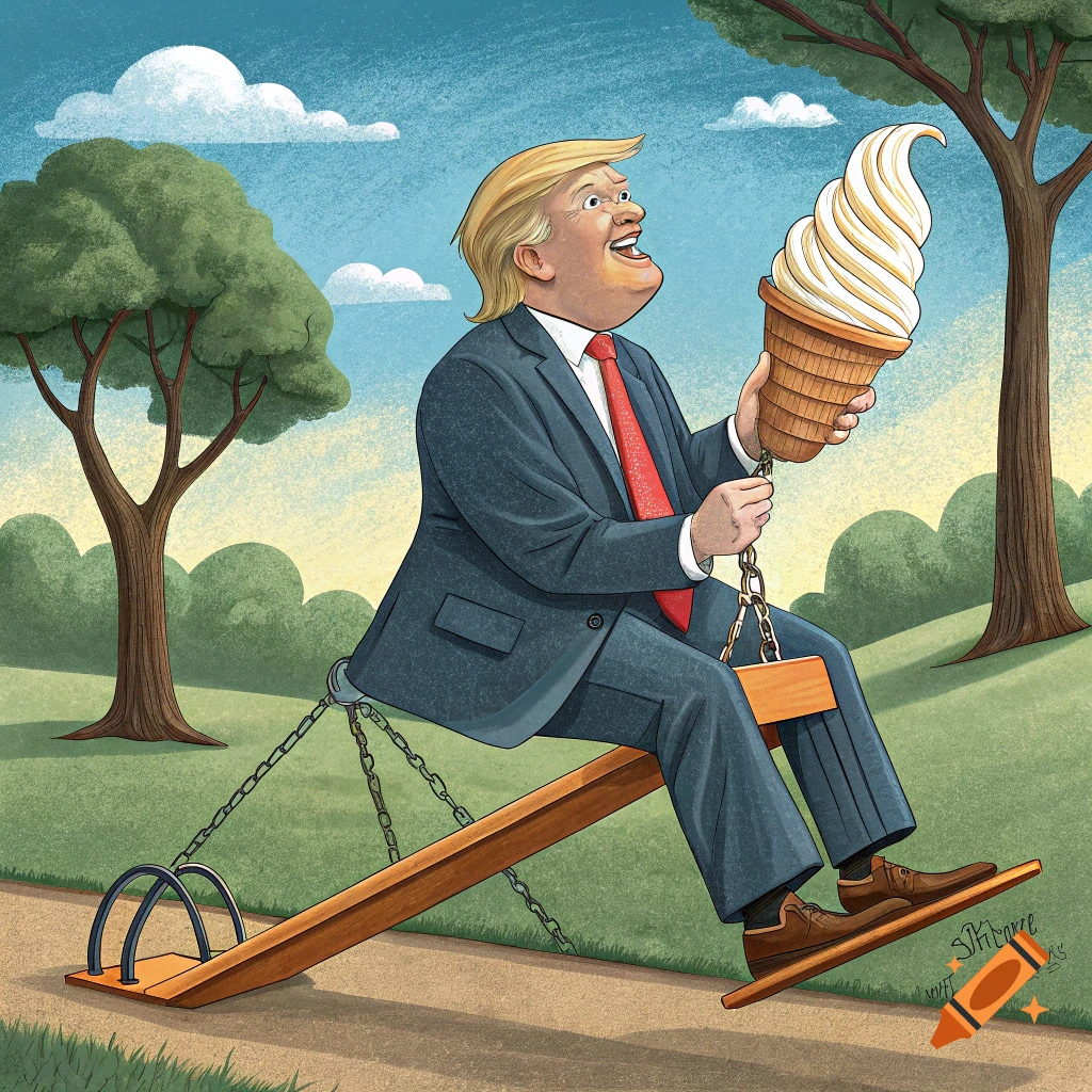 Illustration of Donald Trump on a seesaw in a park, holding a giant ice ...