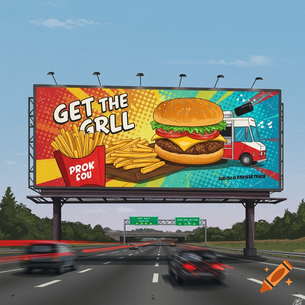 Highway billboard advertisement for Get the Grill food truck on Craiyon