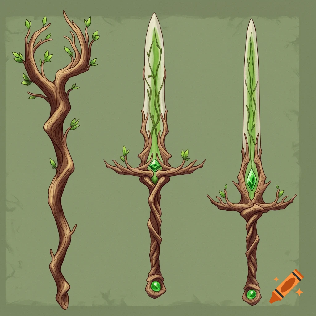 Wooden druid weapon with branch twists and green jewel on Craiyon
