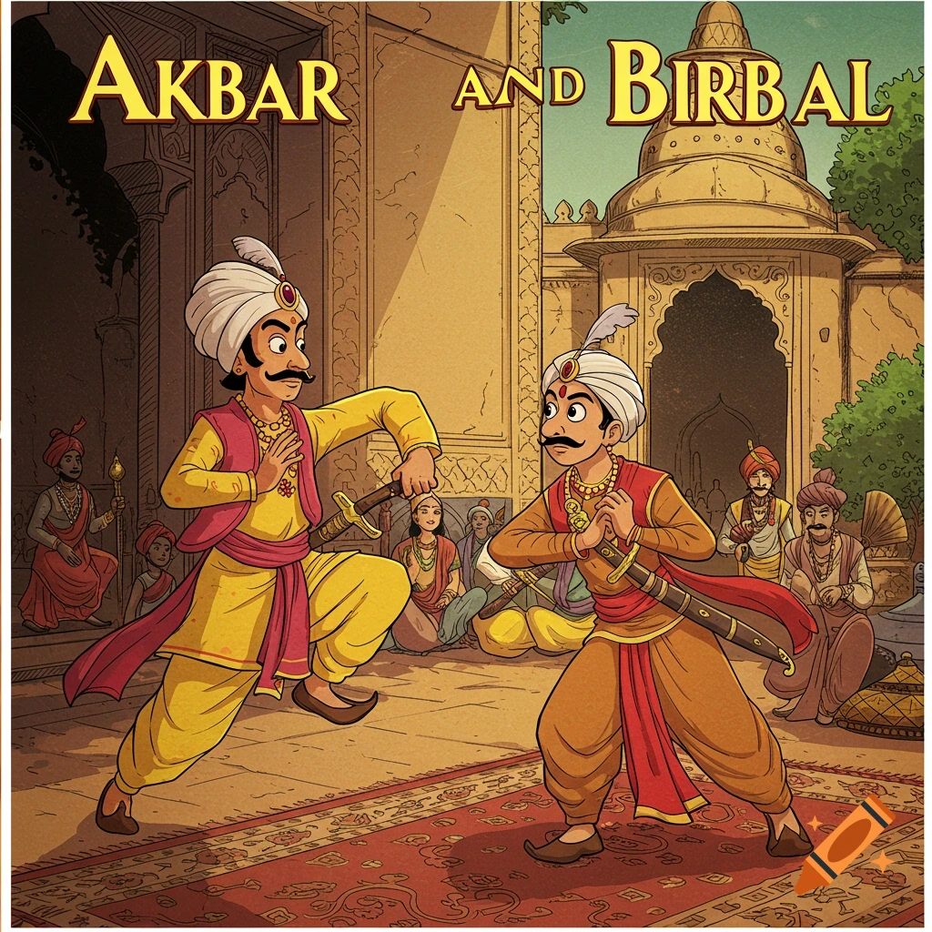 90s Indian comics style of Akbar and Birbal with swords in a palace. on ...