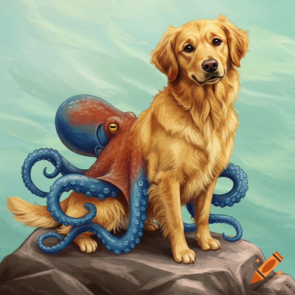A golden retriever dog sits on a rock with a large blue and red octopus ...