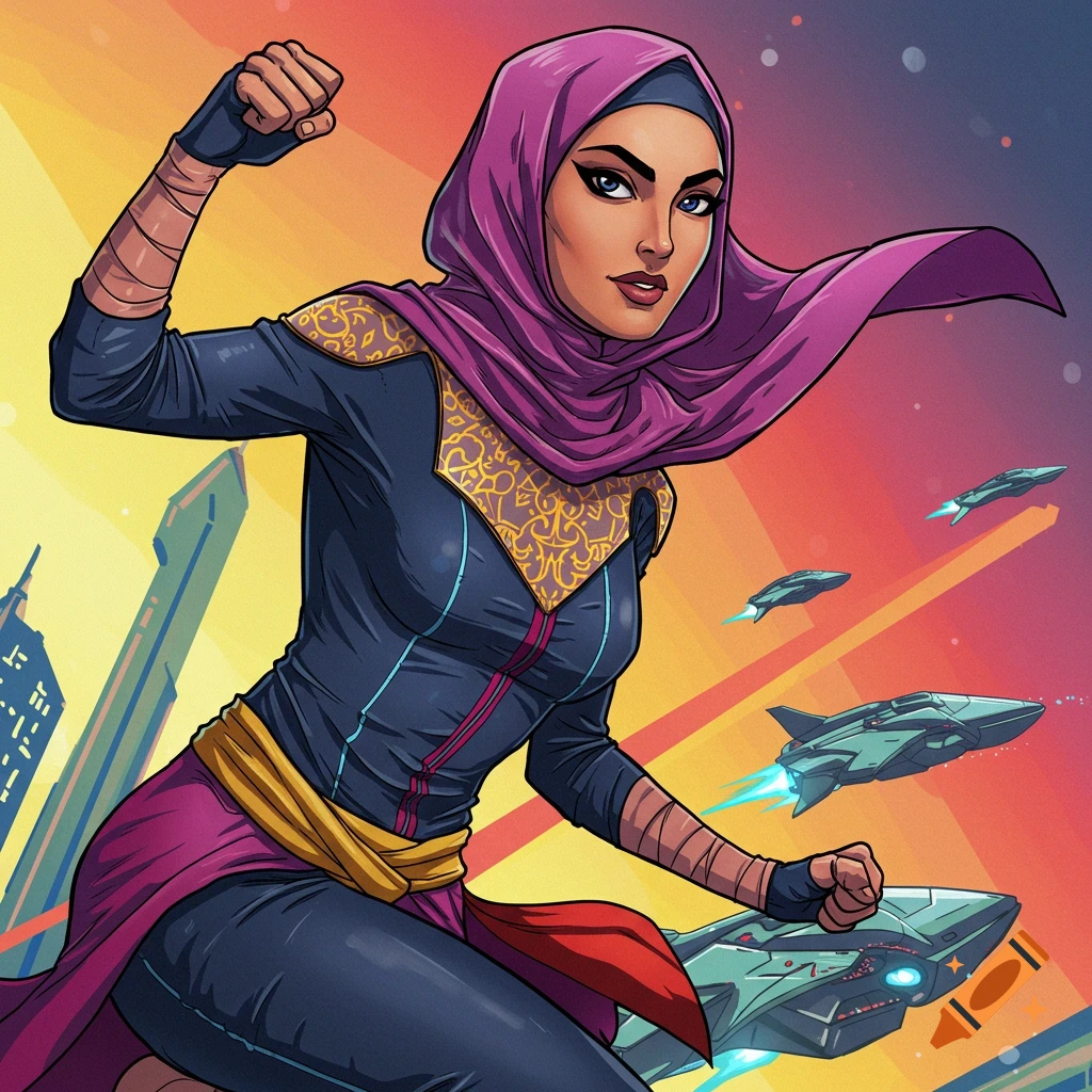 Comic art illustration of a superhero in a hijab flying over a ...