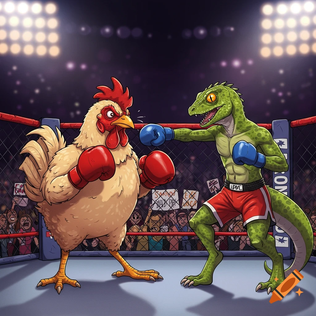 Cartoon chicken fights a lizard in an MMA cage. on Craiyon