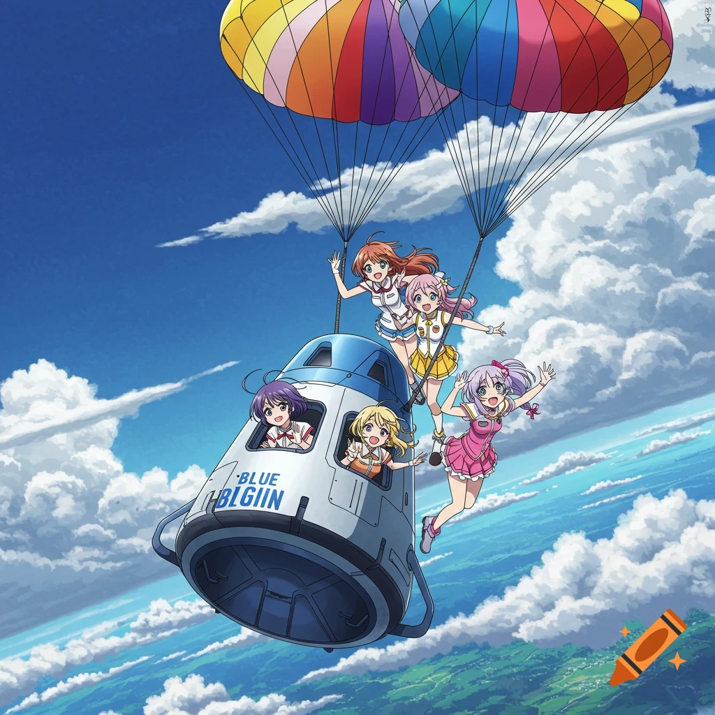 Anime style Blue Origin capsule with parachutes and women waving on Craiyon