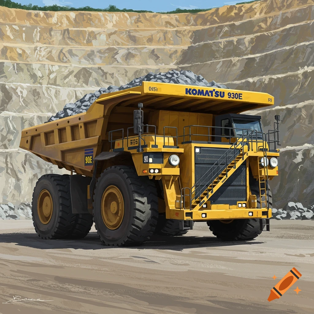 A large, heavy-duty mining truck filled with rocks stands in a dusty ...
