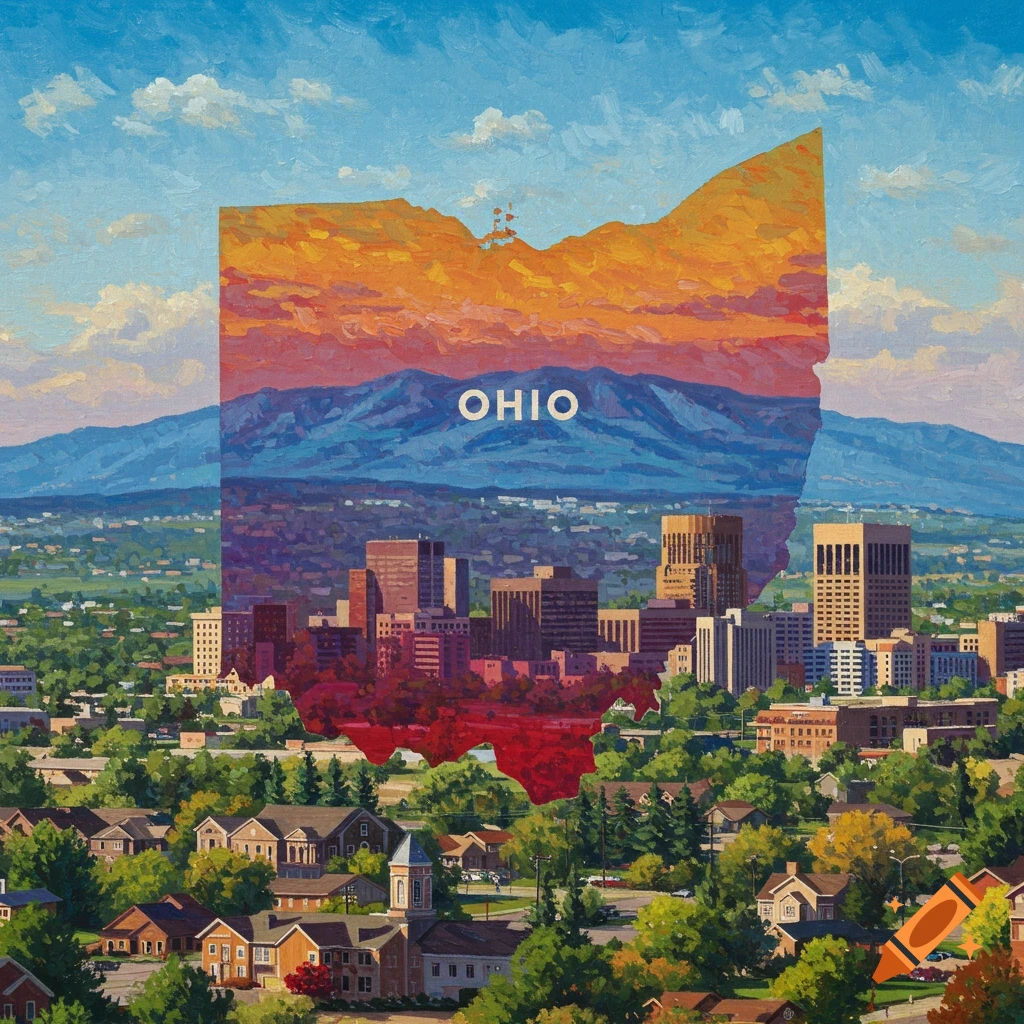 Outline of Ohio with landscape and city views, overlaid on a city, with ...