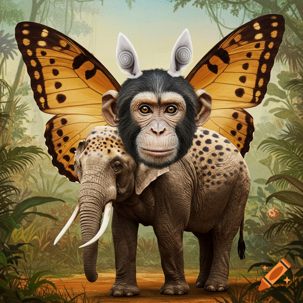 Monkey-elephant hybrid with butterfly wings and unicorn ears on Craiyon