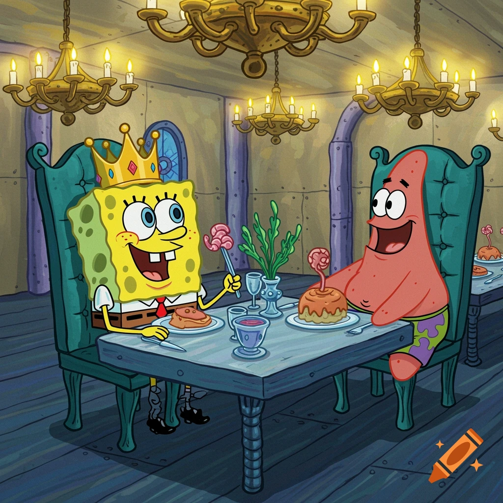 Spongebob and Patrick at a dinner table, Spongebob wearing a crown on ...