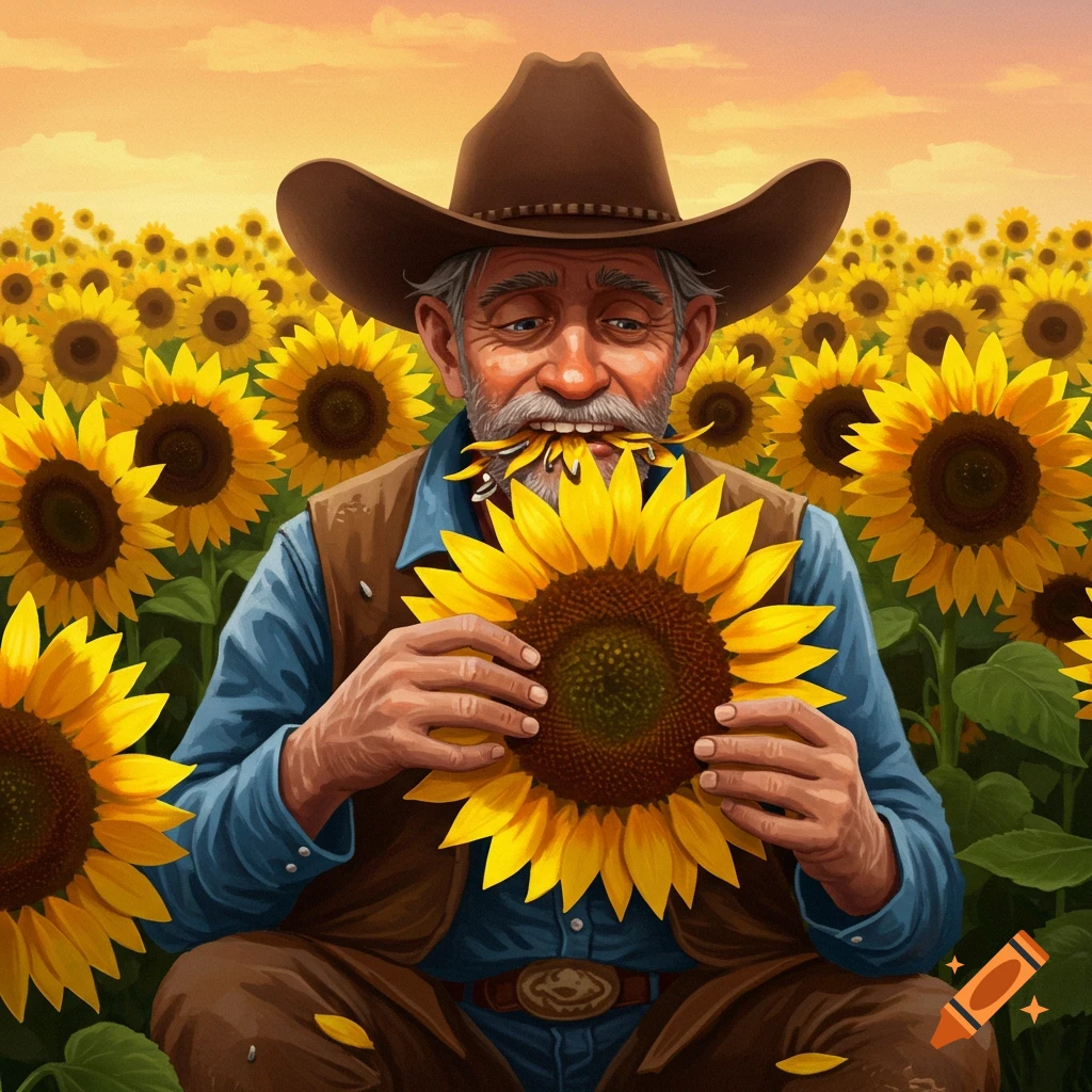 A cowboy kneeling in a field of sunflowers, holding a large sunflower ...