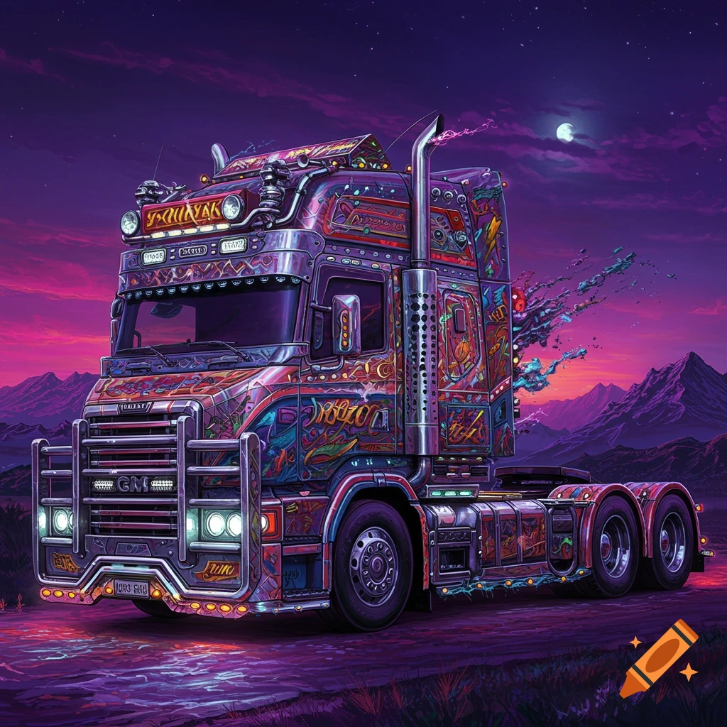 A vibrant, colorful semi truck parked on a road in a purple landscape ...