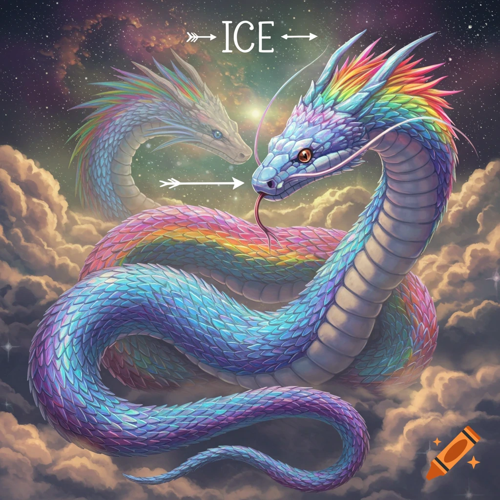 A colorful rainbow serpent dragon coils in a starry sky with clouds, text "ICE" above it with ...