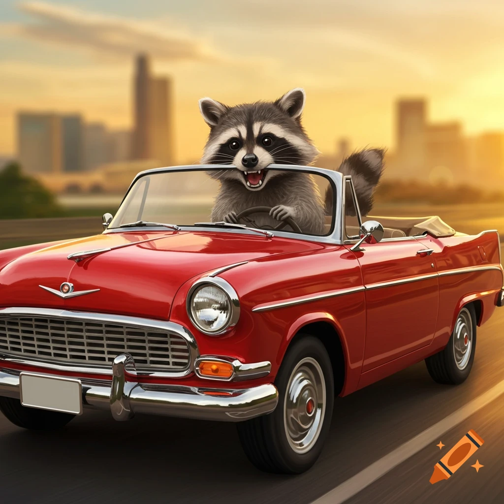 Cartoon mouse with glasses driving a red convertible car on a sunny ...