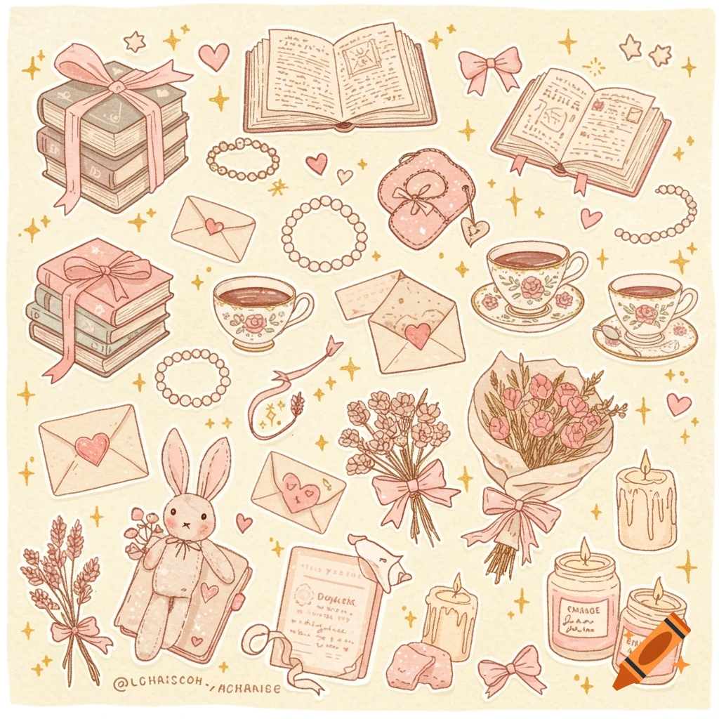 Coquette aesthetic sticker sheet with books, teacups, and pastel ...