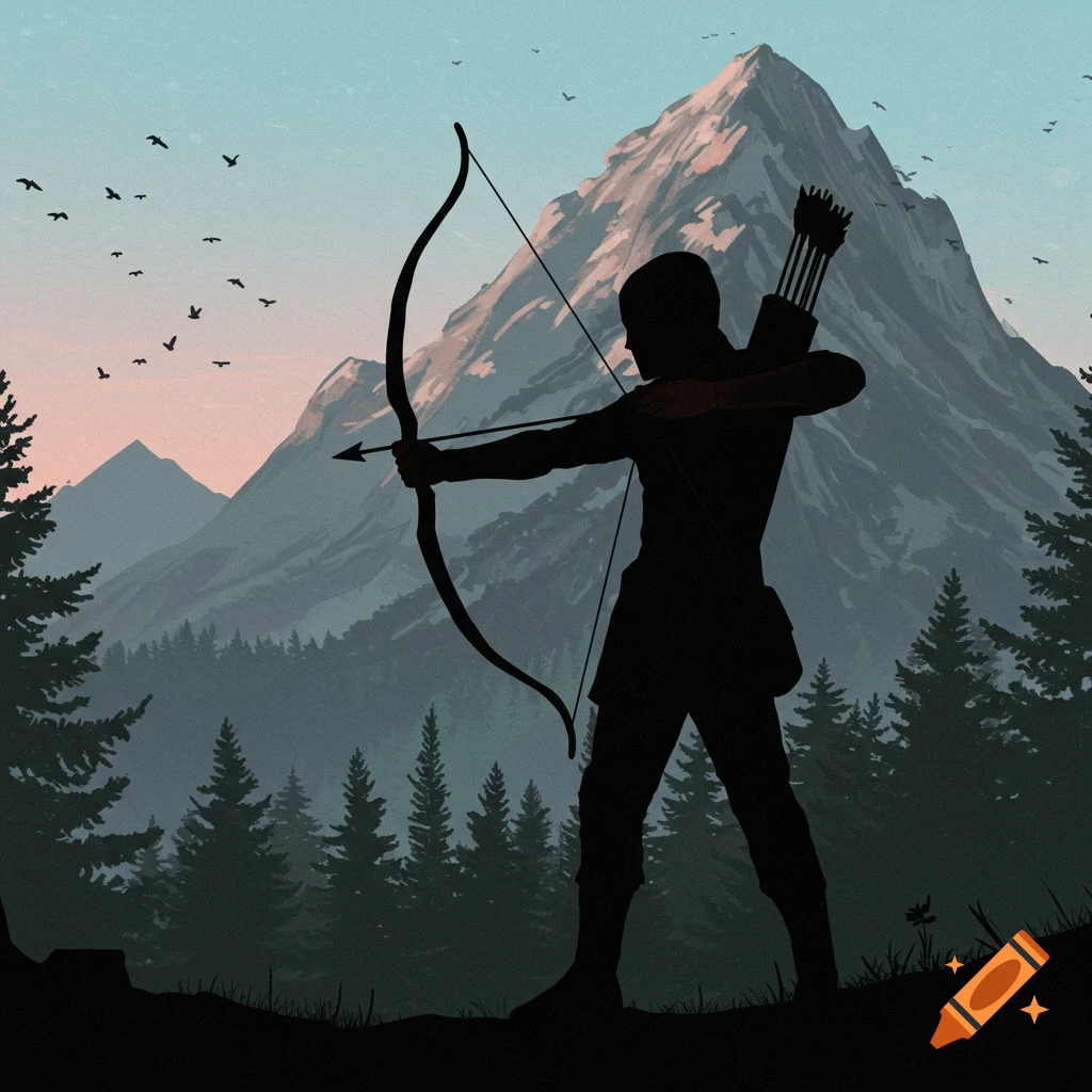 Native American archer aiming a bow and arrow in a grassy landscape at ...