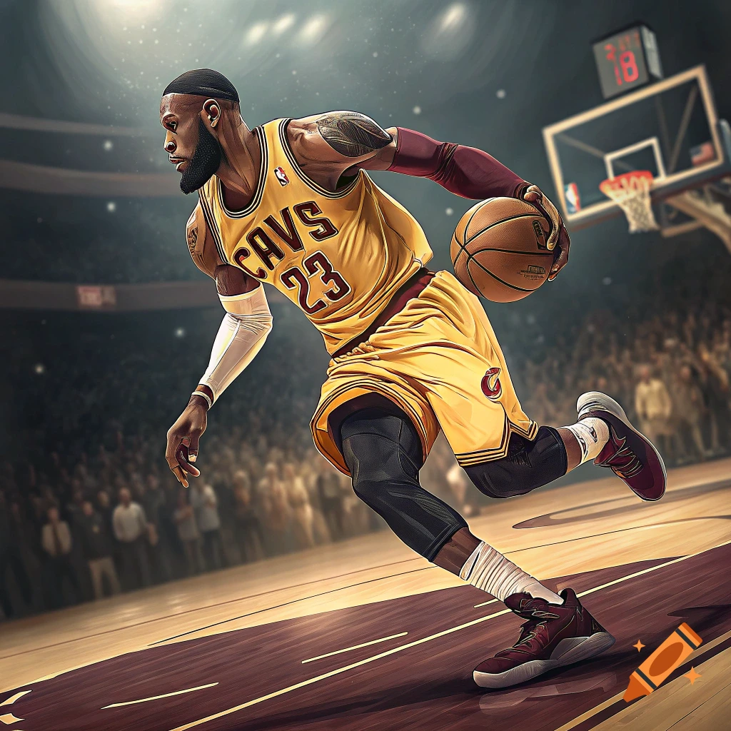 Illustration of basketball player LeBron James in a Cavaliers uniform ...