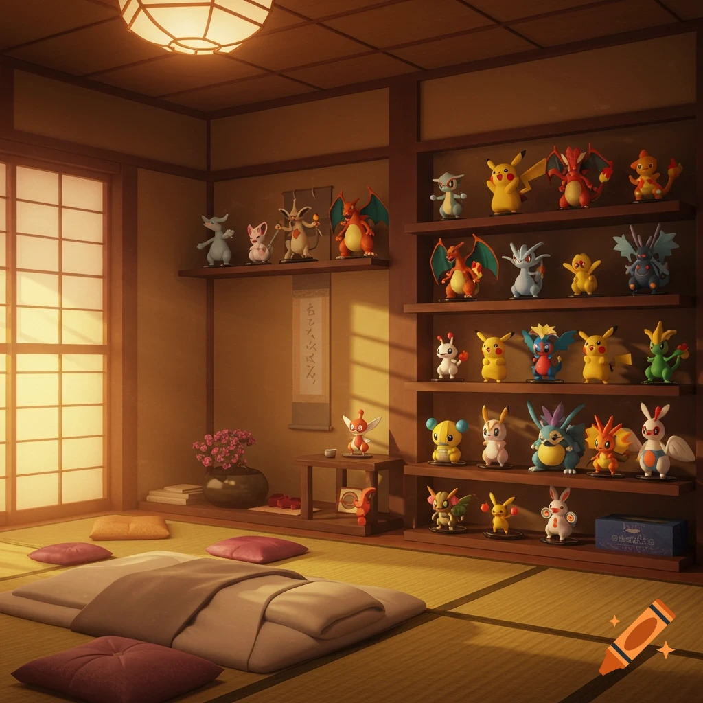 Traditional Japanese bedroom in anime style with Pokemon figures on Craiyon