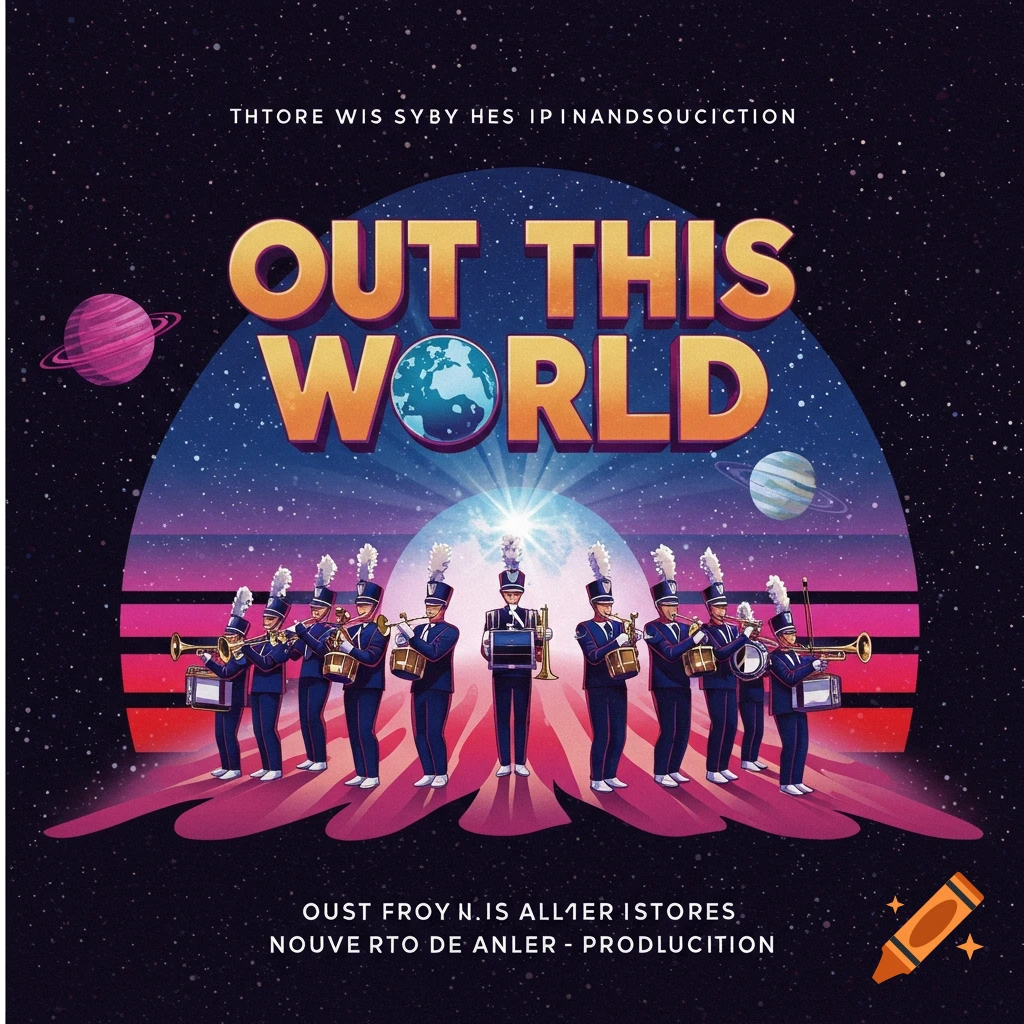 80s style logo of a marching band playing in space with planets and ...