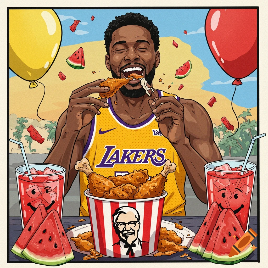 Illustration of a man resembling LeBron James eating fried chicken and ...