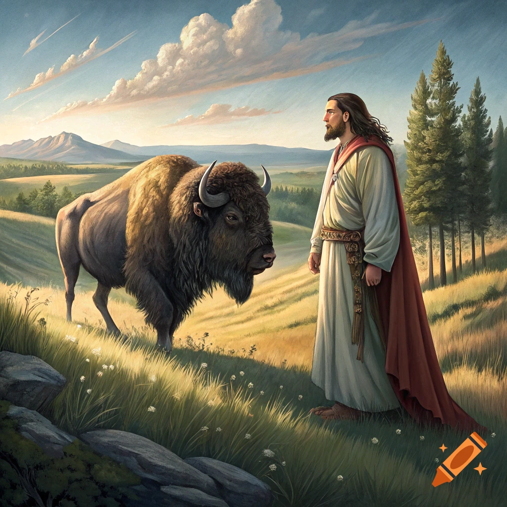 Jesus stands with a bison in a grassy field at sunset. on Craiyon