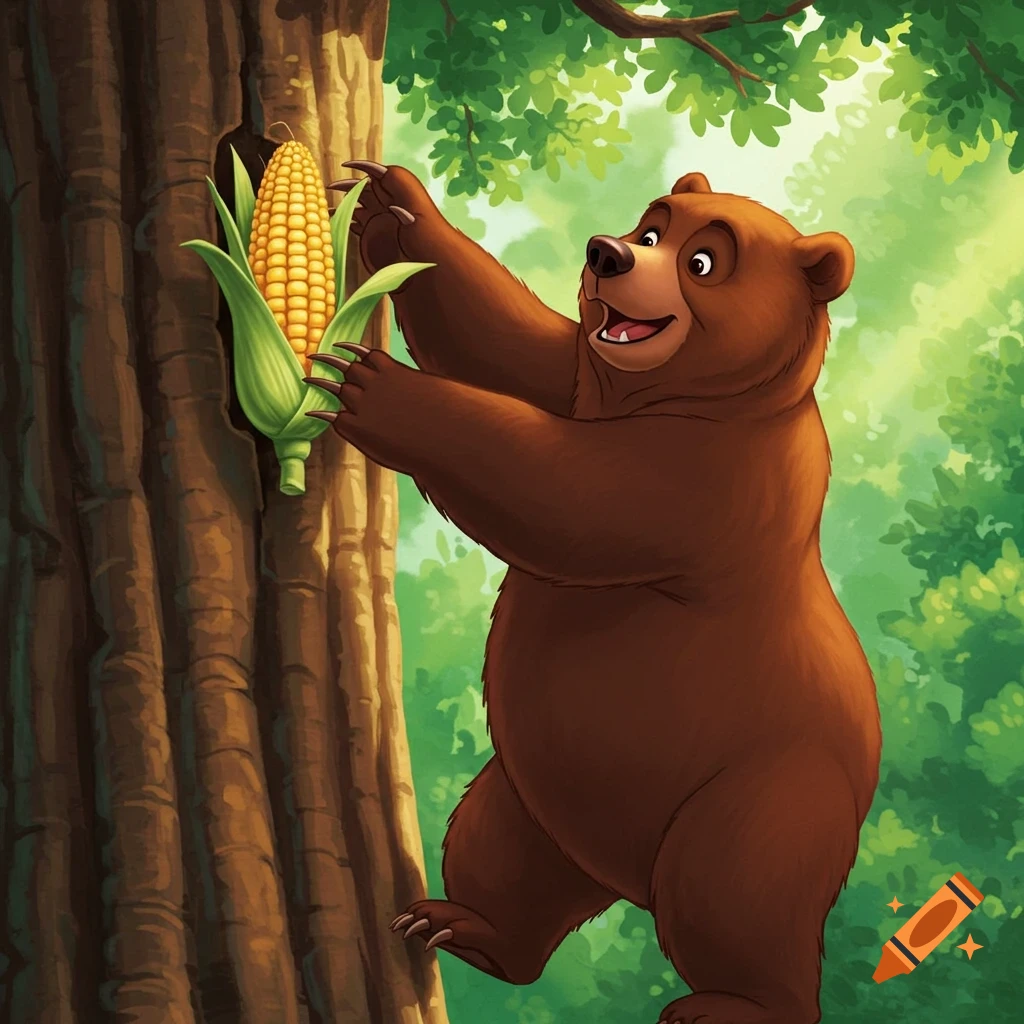 An animated brown bear reaches into a hole in a tree to grab a corn cob ...