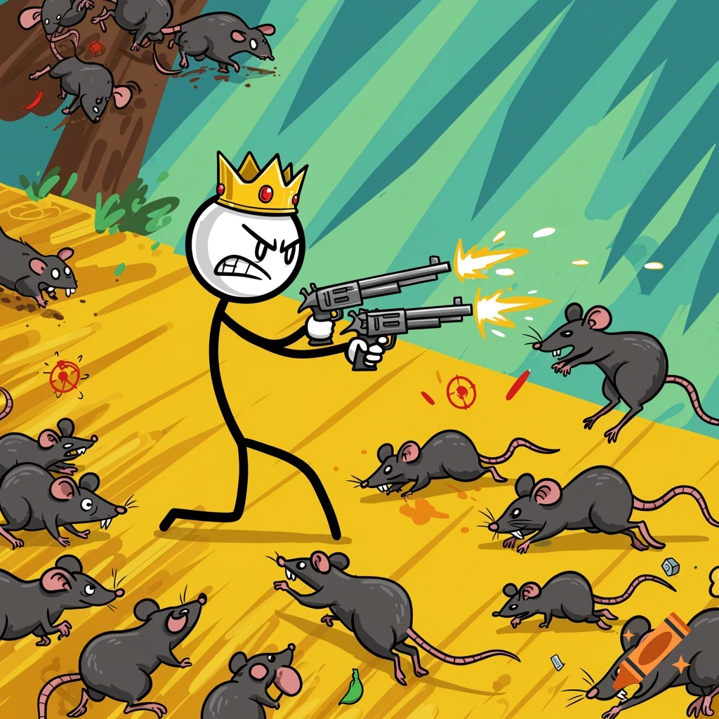 Cartoon stick figure king shooting rats with pistols. on Craiyon