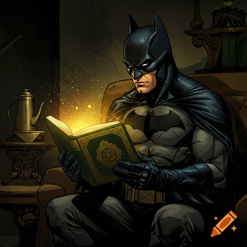 Batman sits reading a glowing book in a dimly lit room, digital comic ...