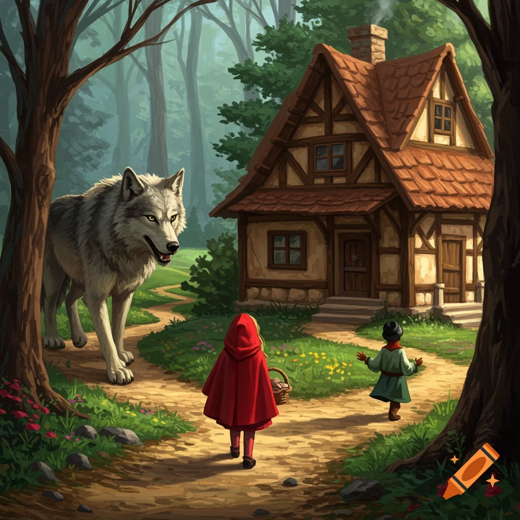 Wolf and Little Red Riding Hood on separate paths with a cottage on Craiyon