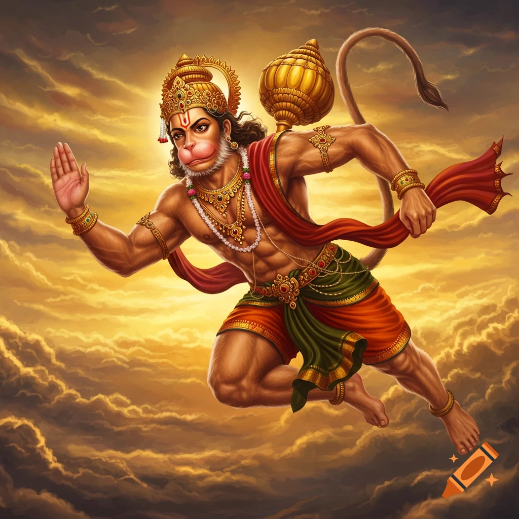 Lord Hanuman flying through stormy golden clouds, holding a mace. on ...
