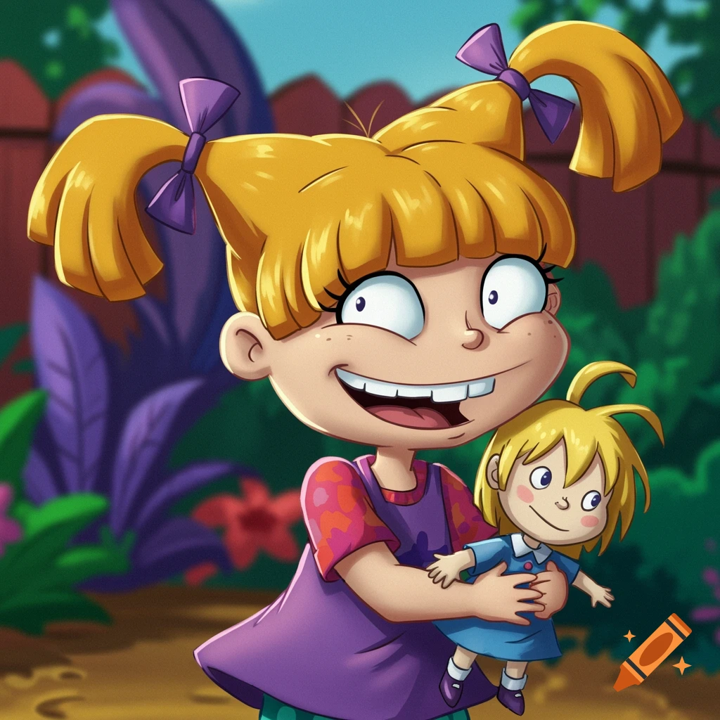 Cartoon of Angelica Pickles holding her Cynthia doll in a backyard on ...