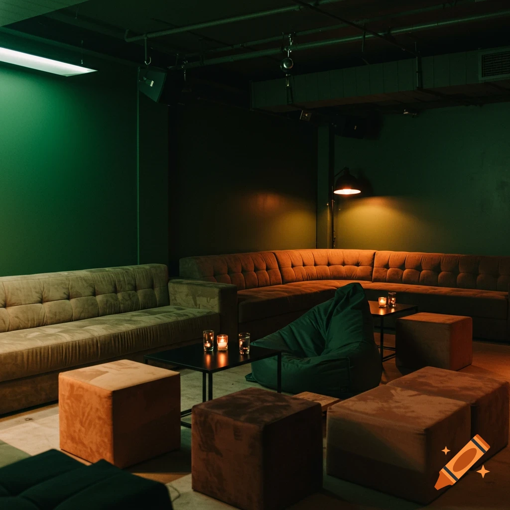 Dimly lit lounge with green walls, couches, ottomans, beanbag, and ...