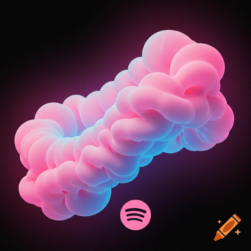 A glowing neon Spotify logo made of transparent glass with purple, pink, blue, and yellow colors ...