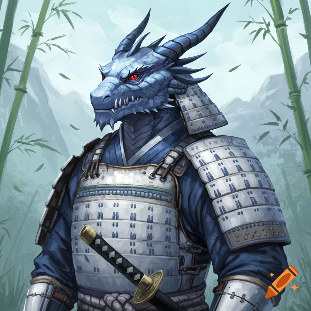 Blue dragonborn samurai in feudal Japan armor on Craiyon