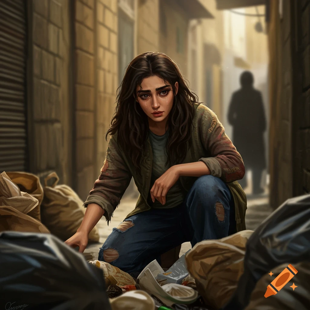 A crying woman in rags looks through trash in an alley. on Craiyon