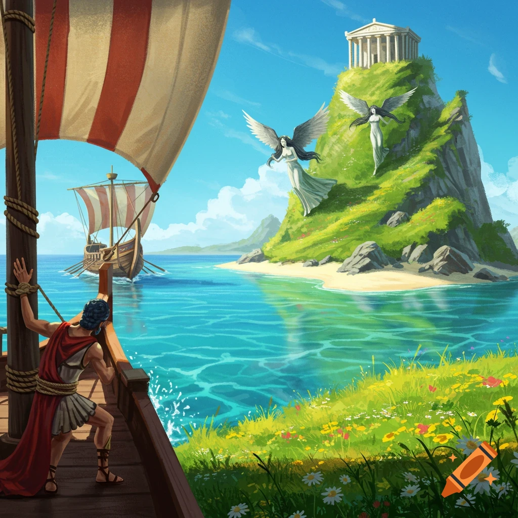 Odyssey and the Sirens from Book 12 on Craiyon