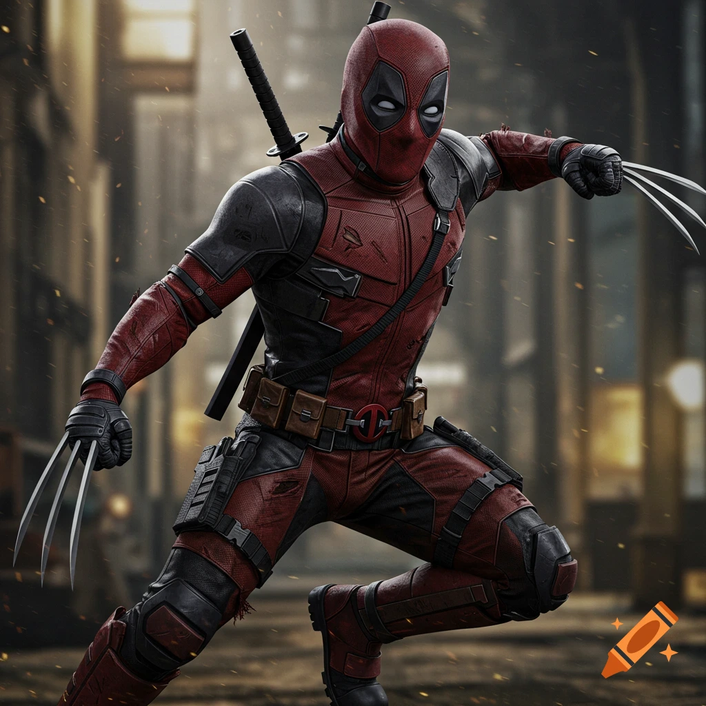 Deadpool in a red and black suit with Wolverine claws poses in an urban ...