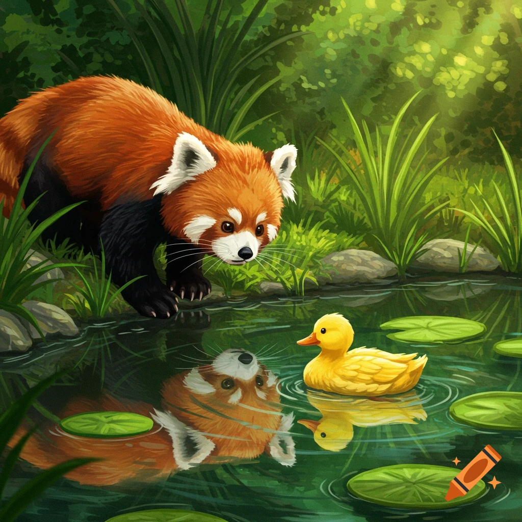 A red panda looks at a yellow rubber duck in a pond with lily pads. on ...