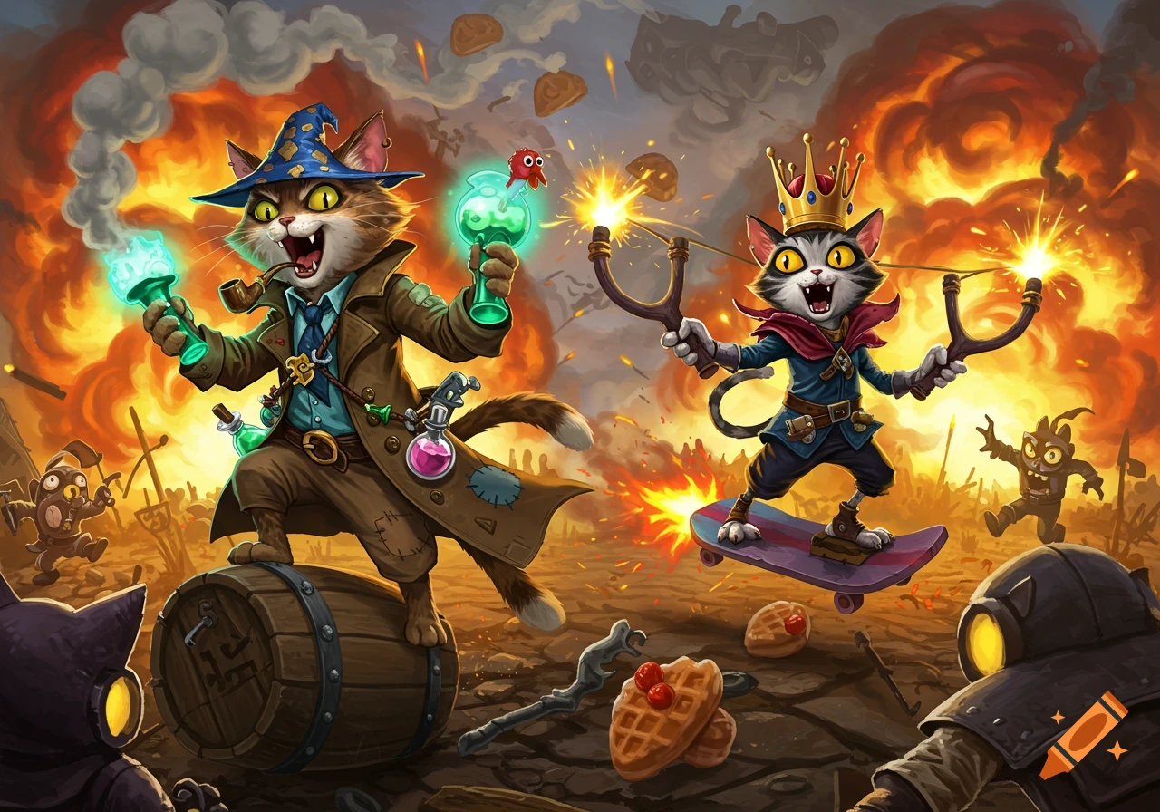 Two alley cats, Scrap the wizard and Flint the Chaos King, on a chaotic ...