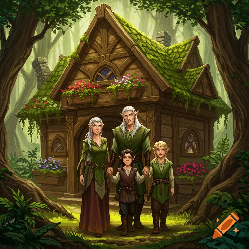 An Elven family of four stands in front of their mossy-roofed wooden ...