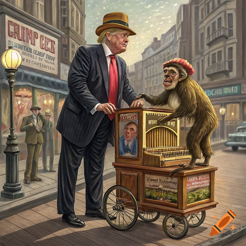 Donald Trump depicted as an organ grinder with a monkey in a street ...
