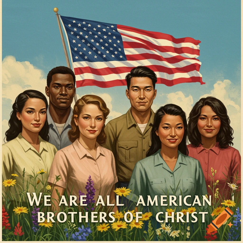 Painterly landscape of green hills and autumn trees under an orange sky ...