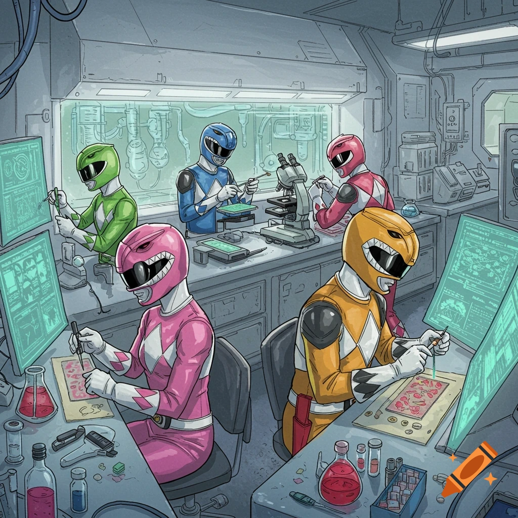 Power Ranger team in a laboratory making histology slides on Craiyon