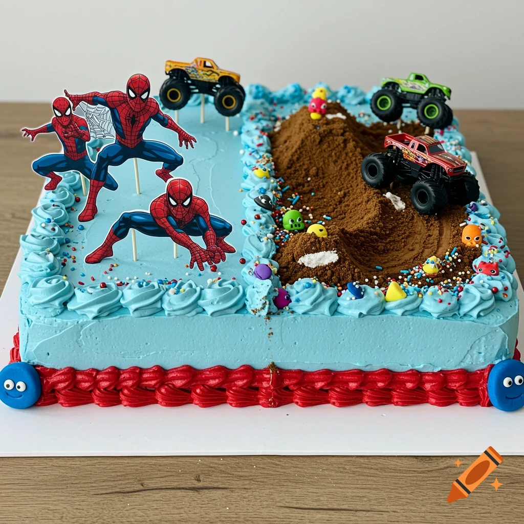 A rectangular birthday cake decorated with blue frosting, a red border ...