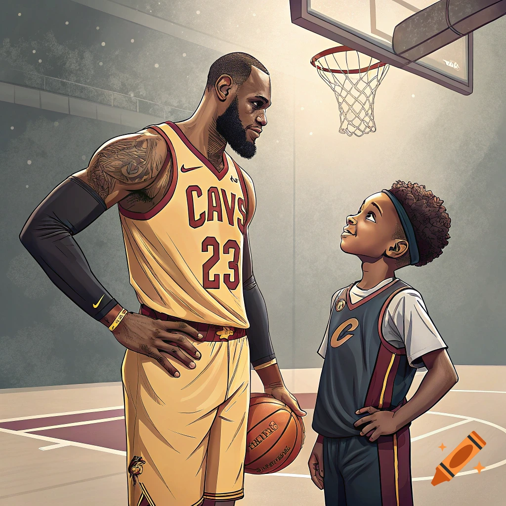 Illustrated image of LeBron James in a Cavaliers jersey standing on a ...