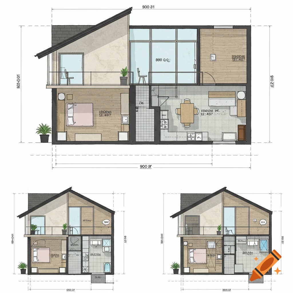 Architectural floor plan and section views of a two-story house with a ...