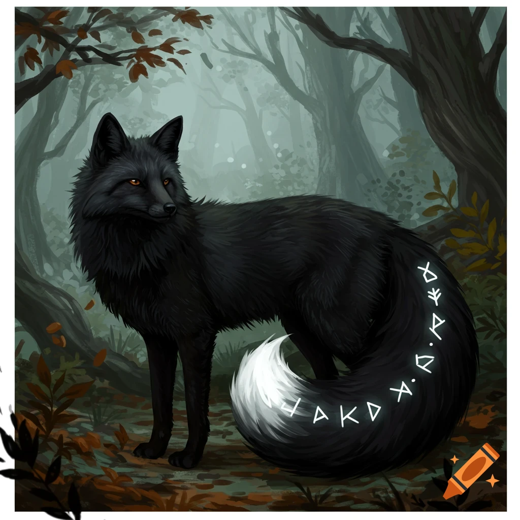 A black fox with glowing symbols on its tail stands in a misty forest. on Craiyon