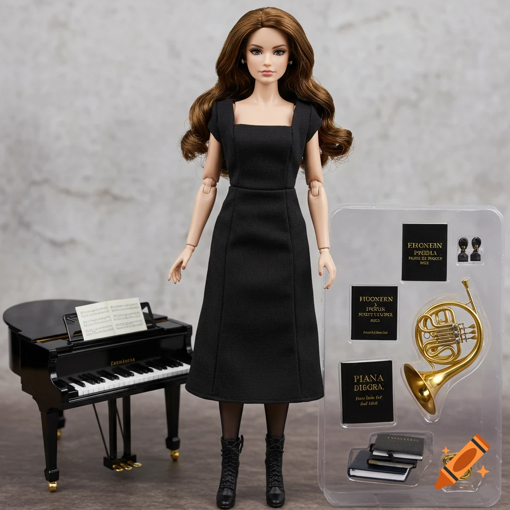 A doll in a black dress stands next to a miniature piano, french horn ...