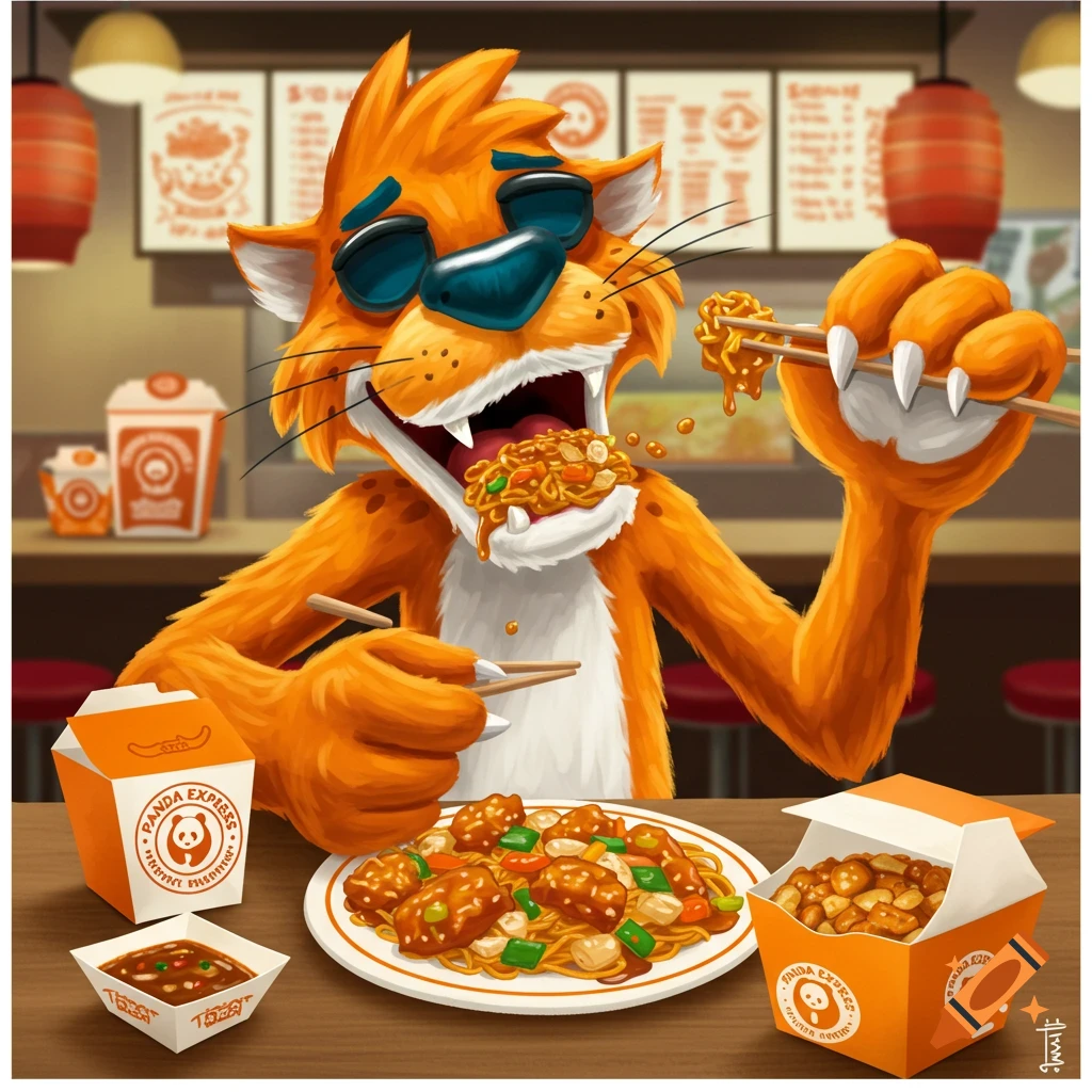 Cheetos Chester eating Panda Express on Craiyon