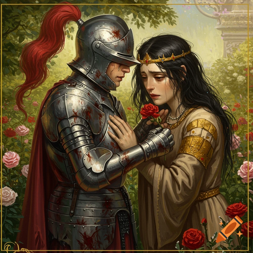 Renaissance-style painting of a knight in armor with a princess in a ...